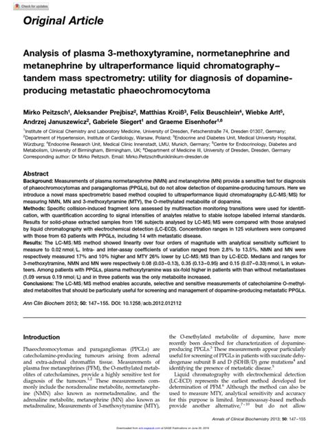 Analysis Of Plasma 3 Methoxytyramine Normetanephrine And Download