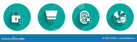 Set Shield Security With Lock Fire Sprinkler System Cancelled Fingerprint And World Globe Icon