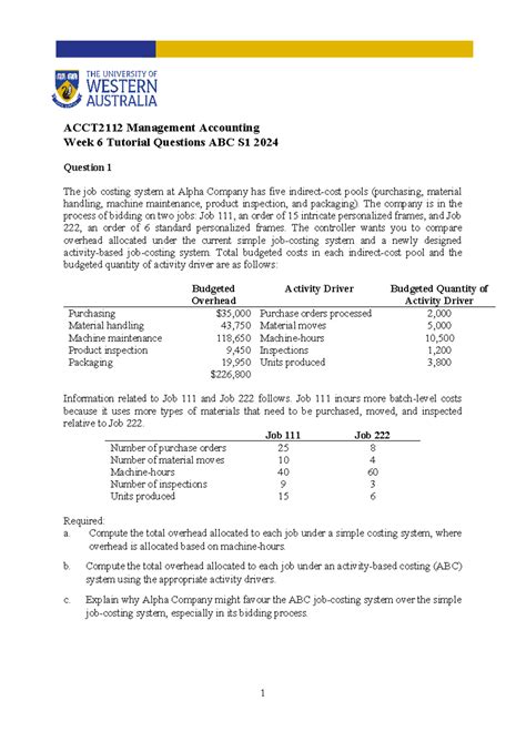 6 Acct2112 Week 6 Tute Qns Abc S1 2024 Acct2112 Management Accounting Week 6 Tutorial