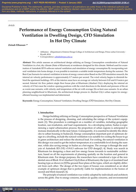 PDF Performance Of Energy Consumption Using Natural Ventilation In Dwelling Design CFD