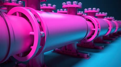 Gas Cylinder Side View Of Blue Pipeline With 3d Rendered Steel Pipes Pink Valve And Cylinders