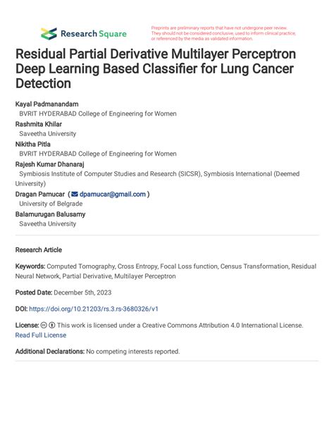 Pdf Residual Partial Derivative Multilayer Perceptron Deep Learning Based Classifier For Lung