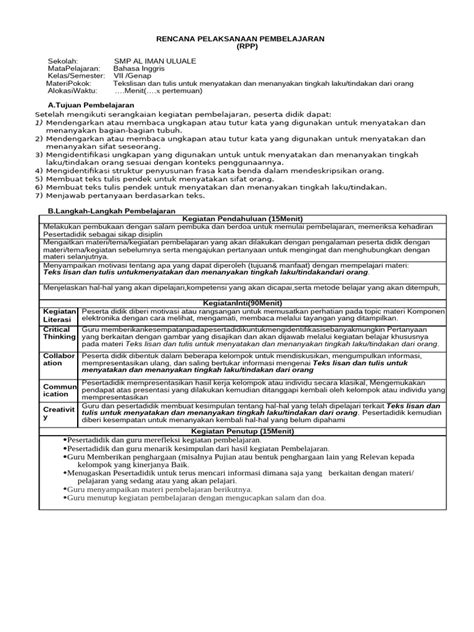 10 Rpp 1 Lembar B Inggris Kls 7 Smstr 2 Kherysuryawan Id Pdf
