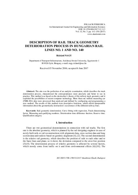Pdf Description Of Rail Track Geometry Deterioration Process In Hungarian Rail Lines No 1 And
