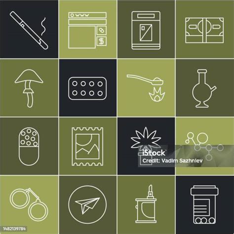 세트 라인 약병 및 알약 대마초 분자 마리화나 흡연용 유리 봉 담배 팩 상자 알약 물집 실로시빈 버섯 및 헤로인 숟가락 아이콘 벡터 상자에 대한 스톡 벡터 아트 및 기타