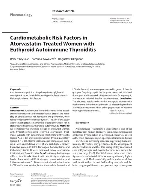 Pdf Cardiometabolic Risk Factors In Atorvastatin Treated Women With Euthyroid Autoimmune