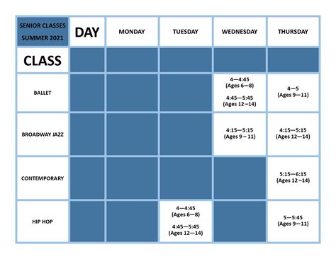 Summer Senior Class Schedule 2021 American Youth Dance Theater