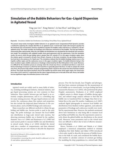 Pdf Simulation Of The Bubble Behaviors For Gasliquid Dispersion In Agitated Vessel