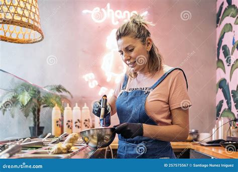 Woman Preparing Poke Bowl Stock Image Image Of Latex