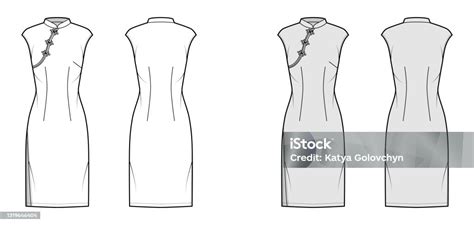 드레스 치파오 청삼 테크니컬 패션 일러스트와 반소매 몸에 맞는 무릎 길이의 연필 스커트 플랫 청삼에 대한 스톡 벡터 아트 및 기타 이미지 Istock