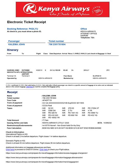 Kenya Airways Electronic Ticket Receipt Pdf Aviation