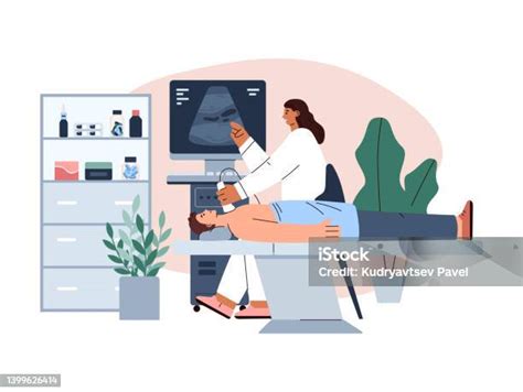 갑상선의 초음파 진단 내분비 학자는 남자 목 흰색 배경에 평평한 벡터 일러스트 레이 션을 확인합니다 초음파에 대한 스톡 벡터 아트 및 기타 이미지 Istock