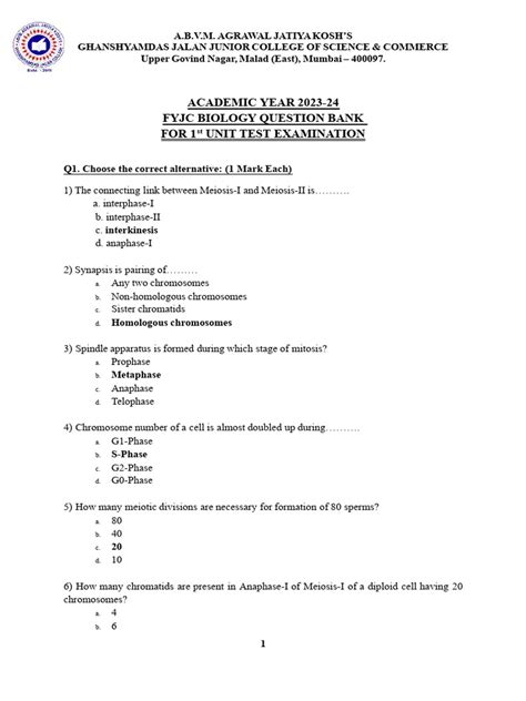 Fyjc Biology Question Bank 2023 24 Pdf Meiosis Mitosis
