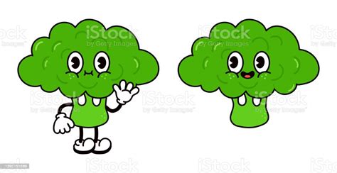 귀여운 재미있는 브로콜리 흔들리는 손 캐릭터 벡터 손으로 그린 전통 만화 빈티지 복고풍 카와이 캐릭터 일러스트 레이 션 아이콘