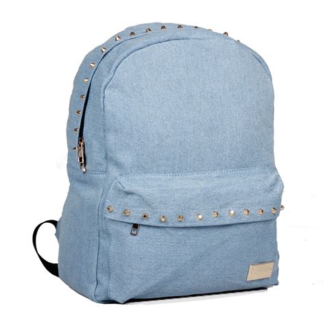 Fashion Light Blue Rivet Denim Backpack Oversized School Bag On Luulla