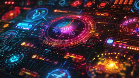 Colorful Digital Dashboard With Futuristic Interface Design And Glowing Elements At Night Stock