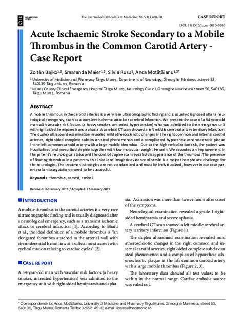 Pdf Acute Ischaemic Stroke Secondary To A Mobile Thrombus In The Common Carotid Artery Case