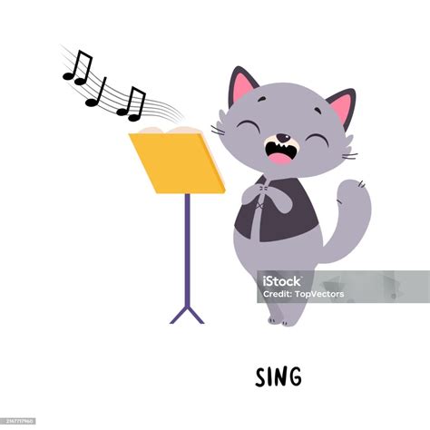 재미있는 회색 고양이 노래 통하고 있는 단계 처럼 영어 동사 치고는 교육 활동 벡터 일러스트 가축에 대한 스톡 벡터 아트 및