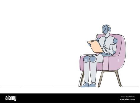 Single Continuous Line Drawing Robots Sitting On Chair And Writing On Clipboard Modern Robotics