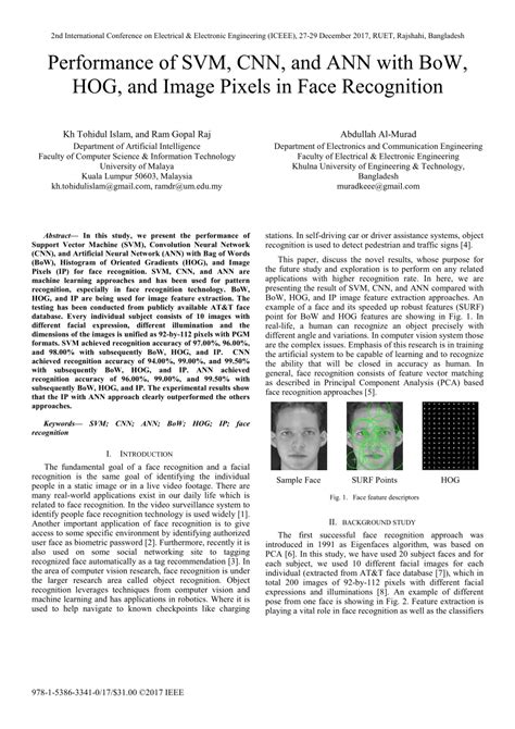 Pdf Performance Of Svm Cnn And Ann With Bow Hog And Image Pixels In Face Recognition