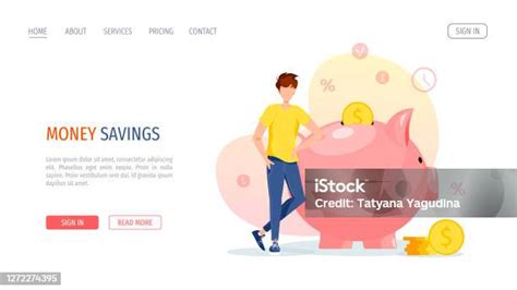 돼지 동전과 젊은 남자의 형태로 큰 돼지 저금통 돈 절약 또는 축적 금융 서비스 예금 개념 개념에 대한 스톡 벡터 아트 및 기타 이미지 Istock