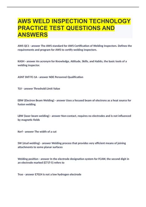 AWS WELD INSPECTION TECHNOLOGY PRACTICE TEST QUESTIONS AND ANSWERS AWS Certified Cloud