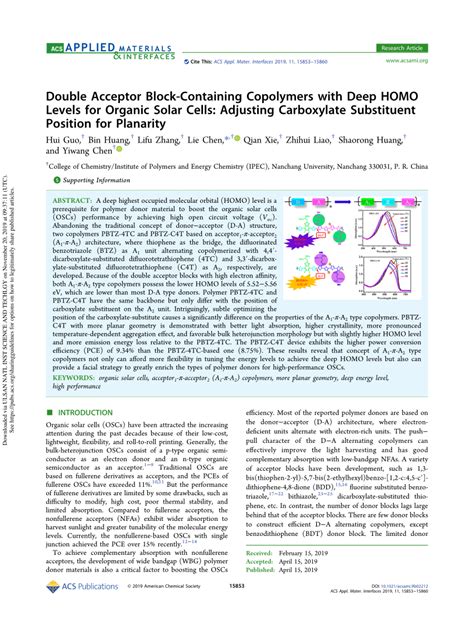 Pdf Double Acceptor Block Containing Copolymers With Deep Homo Levels For Organic Solar Cells