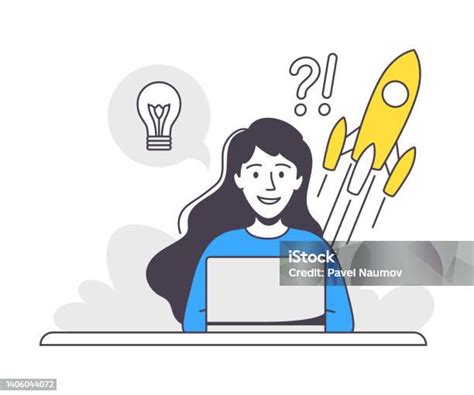 노트북과 로켓 발사와 여성 캐릭터와 비즈니스 프로젝트 시작 개요 벡터 일러스트 레이 션과 함께 작업 개발에 대한 스톡 벡터 아트 및 기타 이미지 Istock
