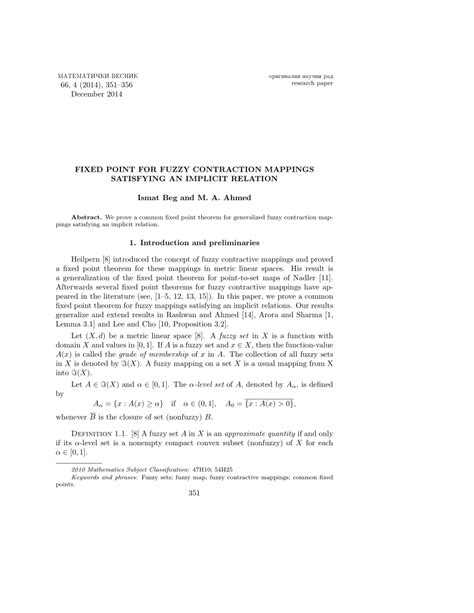 Pdf Fixed Point For Fuzzy Contraction Mappings Satisfying An Implicit Relation