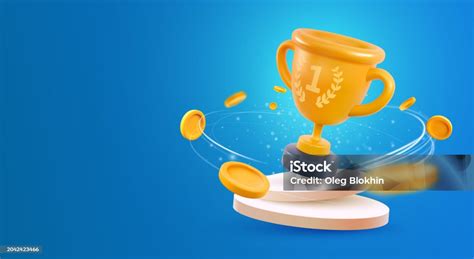 챔피언 컵 연단 3d 벡터 그림 우승 상품 1 위 스포츠 대회 파란색 배경에 날아 다니는 동전과 함께 받침대에 만화 트로피 컵 상에 대한 스톡 벡터 아트 및 기타 이미지