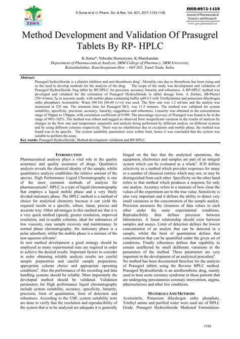 Pdf Method Development And Validation Of Prasugrel Tablets By Rp Hplc