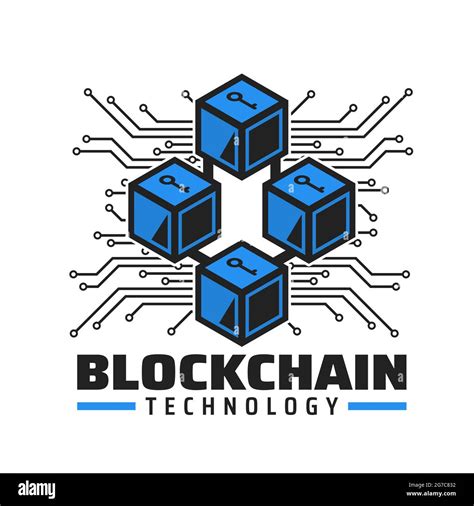 Blockchain Technology Icon Cryptocurrency Payment Service Vector Emblem Blue Cubes With Key