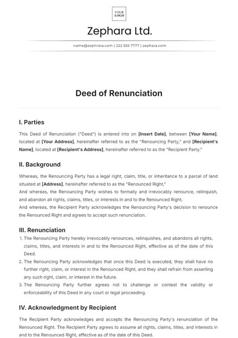 Free Deed Of Renunciation Template To Edit Online
