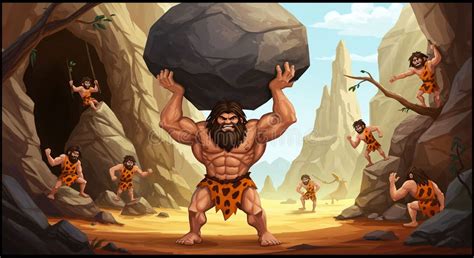 A Group Of Cartoon Cavemen Is Depicted In A Rocky Prehistoric Stock