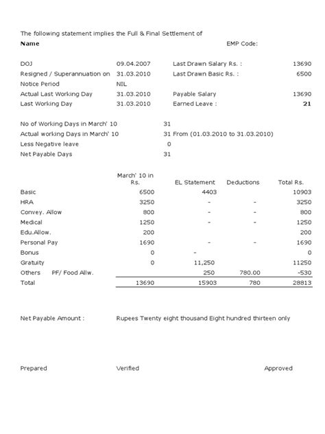 Full And Final Settlement Format Pdf