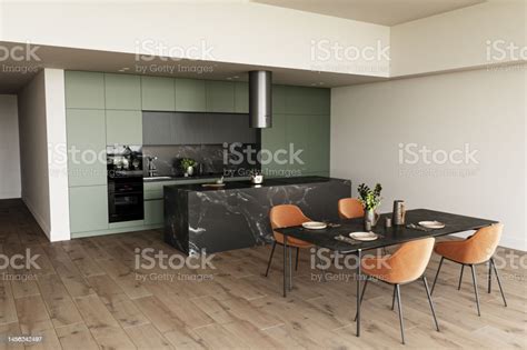 어두운 색상의 프리미엄 현대식 주방 로프트 스타일을 갖춘 가벼운 럭셔리 스튜디오 아파트 세련되고 현대적인 객실 공간 모형 베이지색 빈 벽 3d 렌더링 고품질 3d 그림