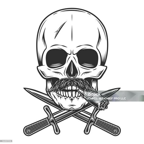 흰색 배경 흑백 빈티지 그림에 격리된 콧수염과 교차 칼 단검으로 시가 또는 담배를 피우는 해골 개념에 대한 스톡 벡터 아트 및 기타 이미지 Istock