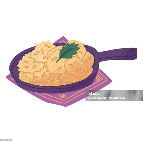 프라이팬에 치즈 또는 감자 팬케이크 전통적인 유대인 명절인 하누카를 기념합니다 가족의 가치와 종교 의식 흰색 배경에 분리된 벡터 그림입니다 12월에 대한 스톡 벡터 아트 및