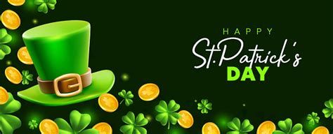 검은 배경에 현실적인 아일랜드어 Leprechaun 모자 녹색 클로버와 황금 동전 와 행복 한 성 패트릭의 날 단어 와 일러스트 레이 션 모자 클로버 세인트 패트릭 데이