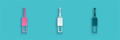 파란색 배경에 격리된 오디오 잭 아이콘을 용지 잘라냅니다 연결 사운드 장비를 위한 오디오 케이블 플러그 와이어 악기 종이 아트