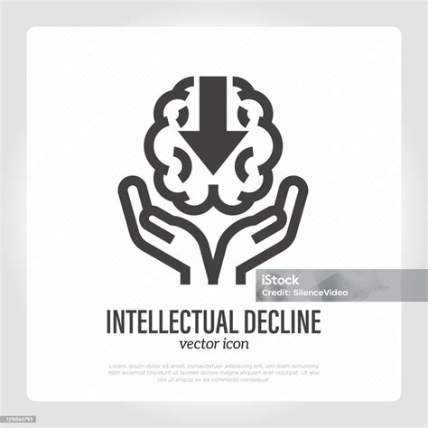 지적 쇠퇴 손에 아래로 화살표와 뇌 가는 선 아이콘입니다 기억 상실 기억 상 실증 알 츠 하이 머 병 치 매 의료 및 의료 벡터 그림 건강관리와 의술에 대한 스톡 벡터 아트