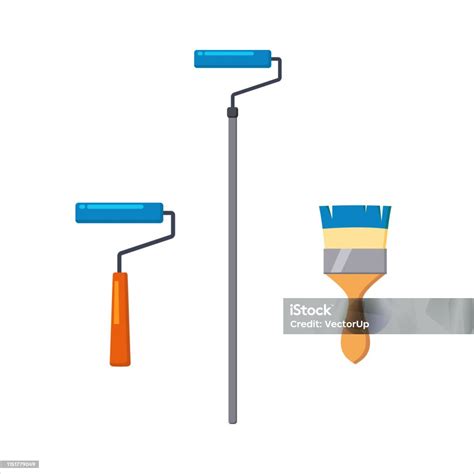 브러시 롤러 브러시 페인팅 벽 도구를 복구 합니다 화가 악기 홈 작업 프로세스 벡터 일러스트 레이 션 흰색 절연 카툰 스타일 개념에 대한 스톡 벡터 아트 및 기타 이미지