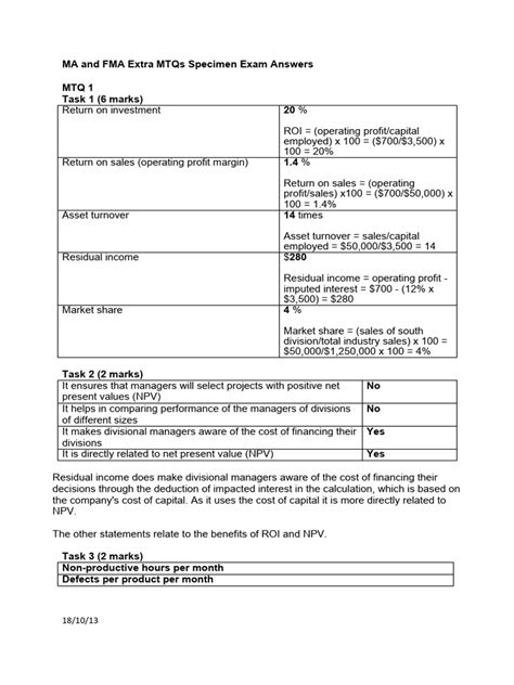 Ma And Fma Extra Mtqs Exam Answers Pdf Return On Investment Net Present Value