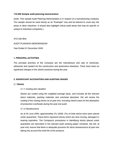 Sample Audit Planning Memorandum Pdf Expense Business