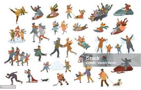 남자 여자 커플 아이 어린이 가족 썰매 타기 아이스 스케이팅 링크 재생 눈사람 눈 천사 즐기는 겨울 스포츠와 레저 활동 장면 세트를 만들기에 아이스 스케이팅에 대한 스톡