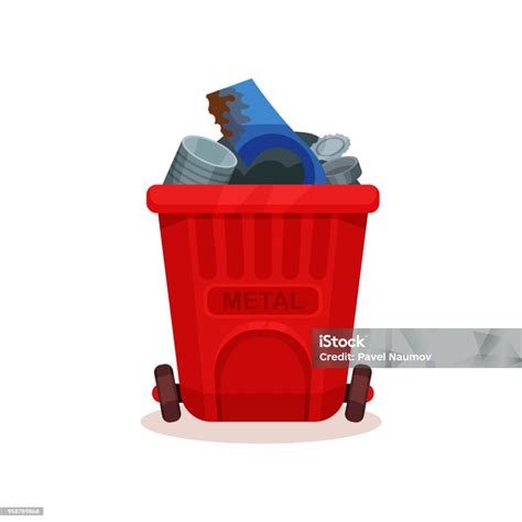 垃圾箱的金屬廢料紅色塑膠容器用兩個輪子與垃圾分類主題相關的平面向量圖示向量圖形及更多卡通圖片 卡通 大自然 天氣 Istock