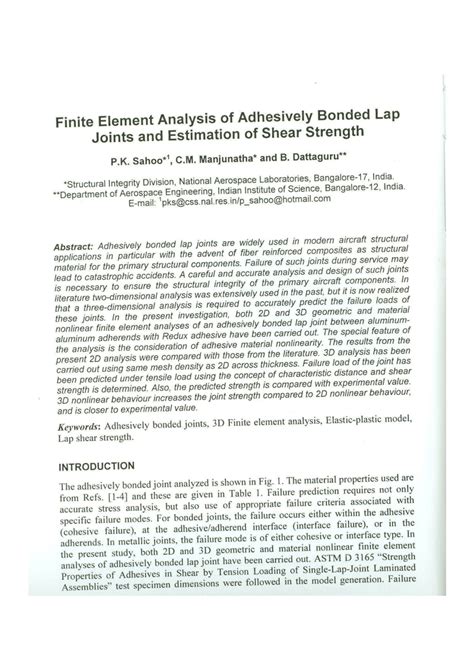 Pdf Finite Element Analysis Of Adhesively Bonded Lap Joints And Estimation Of Shear Strength