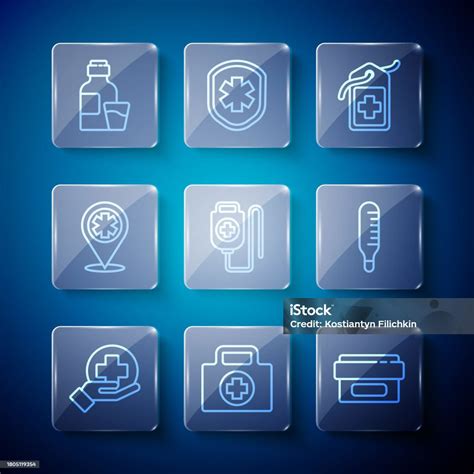 세트 라인 크로스 병원 의료 구급 상자 연고 크림 튜브 약 태그 Iv 가방 십자가 맵 포인터 시럽 병 및 의료 온도계 아이콘 벡터 0명에 대한 스톡 벡터 아트 및 기타
