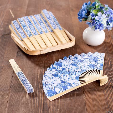 10 Bulk 48 Pc Chinoiserie Print Folding Blue And White Paper Hand Fans