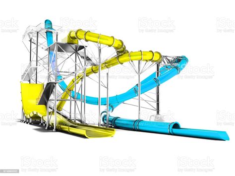 현대 노란색과 파란색 물 그림자와 함께 흰색 바탕에 놀이 기구 워터 파크 3d 렌더링에 대 한 슬라이드 곡선에 대한 스톡 사진 및 기타 이미지 Istock
